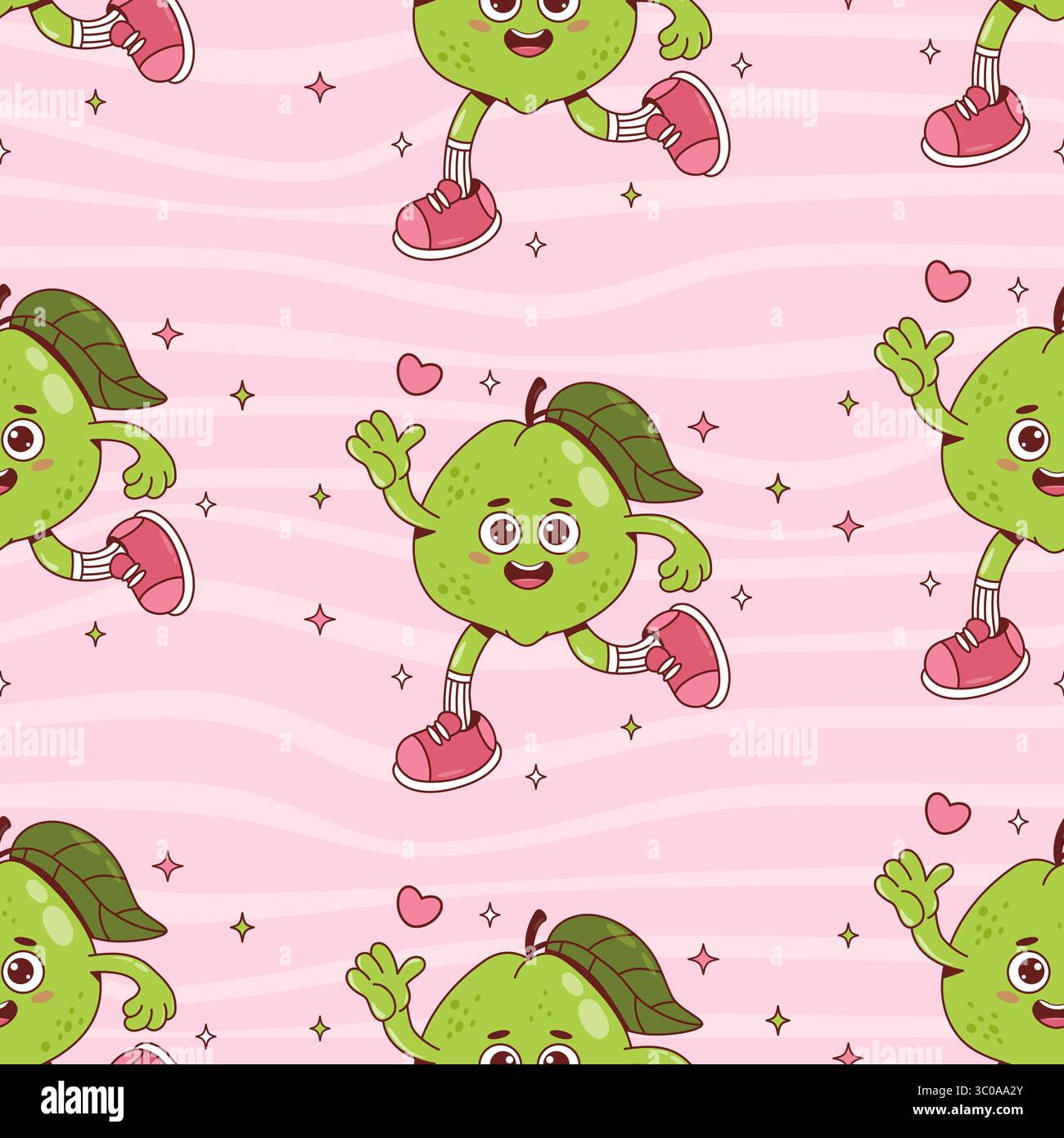 Seamless Pattern Guava Groovy Character on pink Distorted Stripe ...