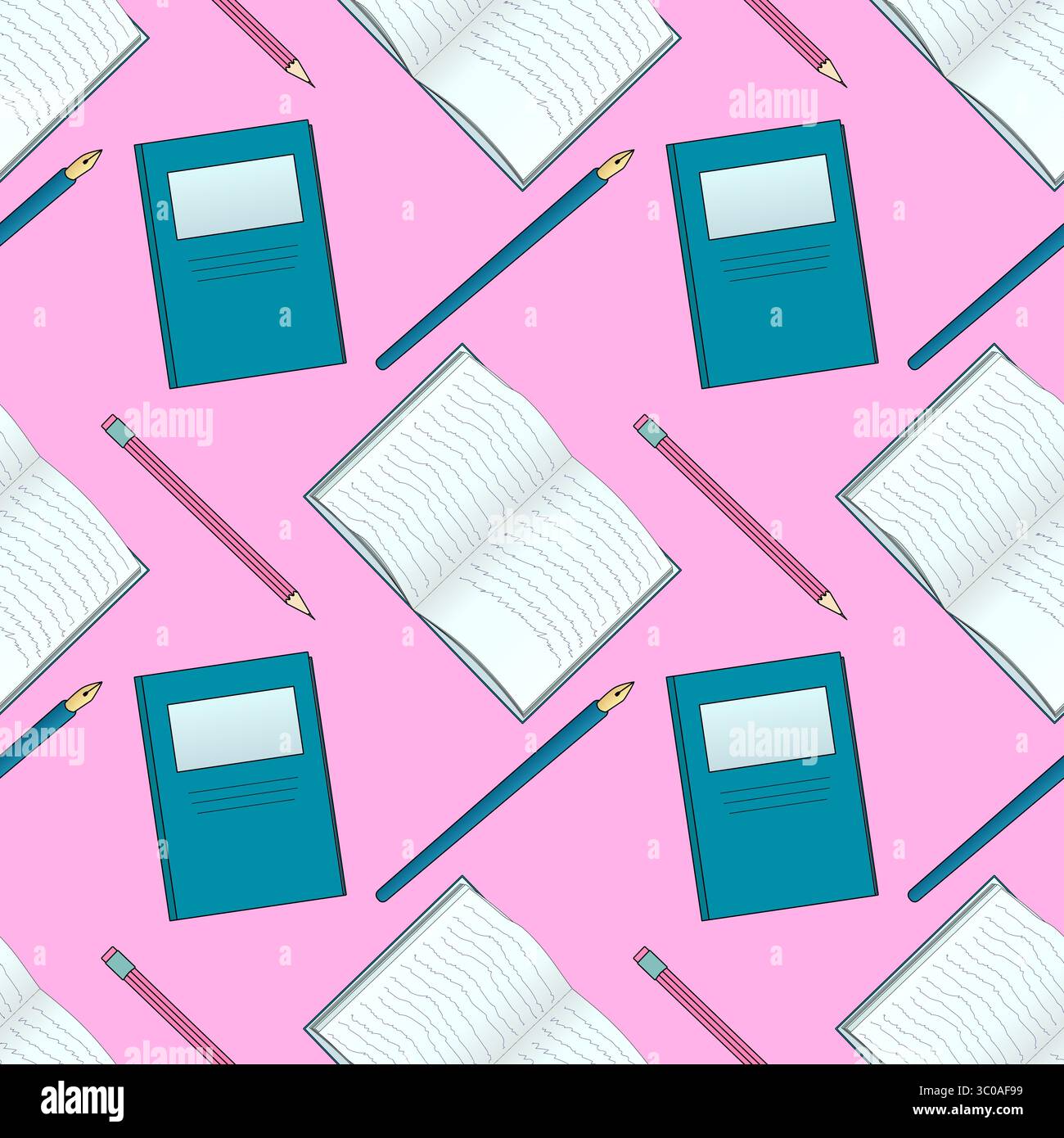Seamless pattern with cartoon notebook, pen, and pencil flat vector ...