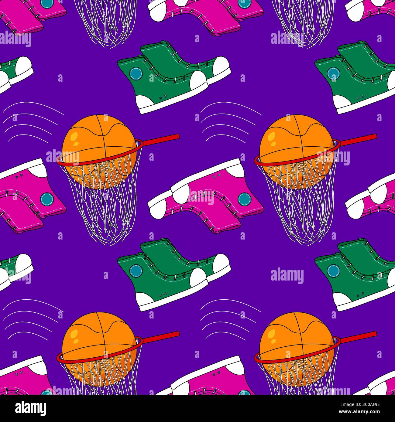 Seamless pattern with basketball shoes, or sneakers, and ball in hoop ...