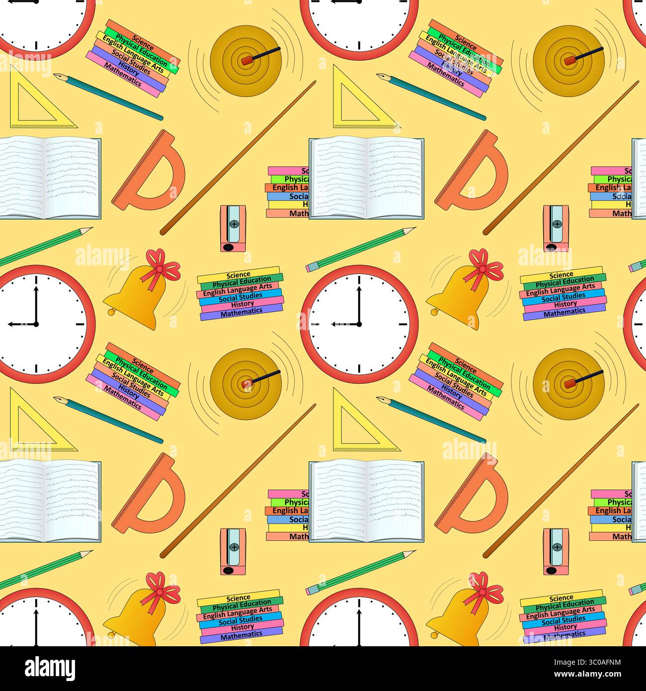 Seamless pattern with school supplies, wall clock, book, pencil, bell ...