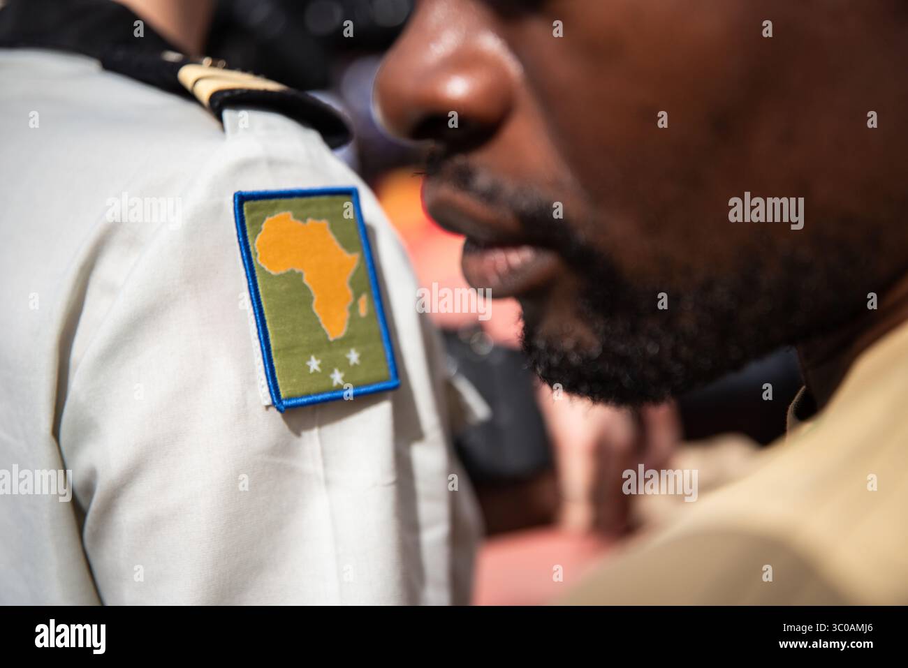 A military patch showing Africa in yellow on a green background, the ...