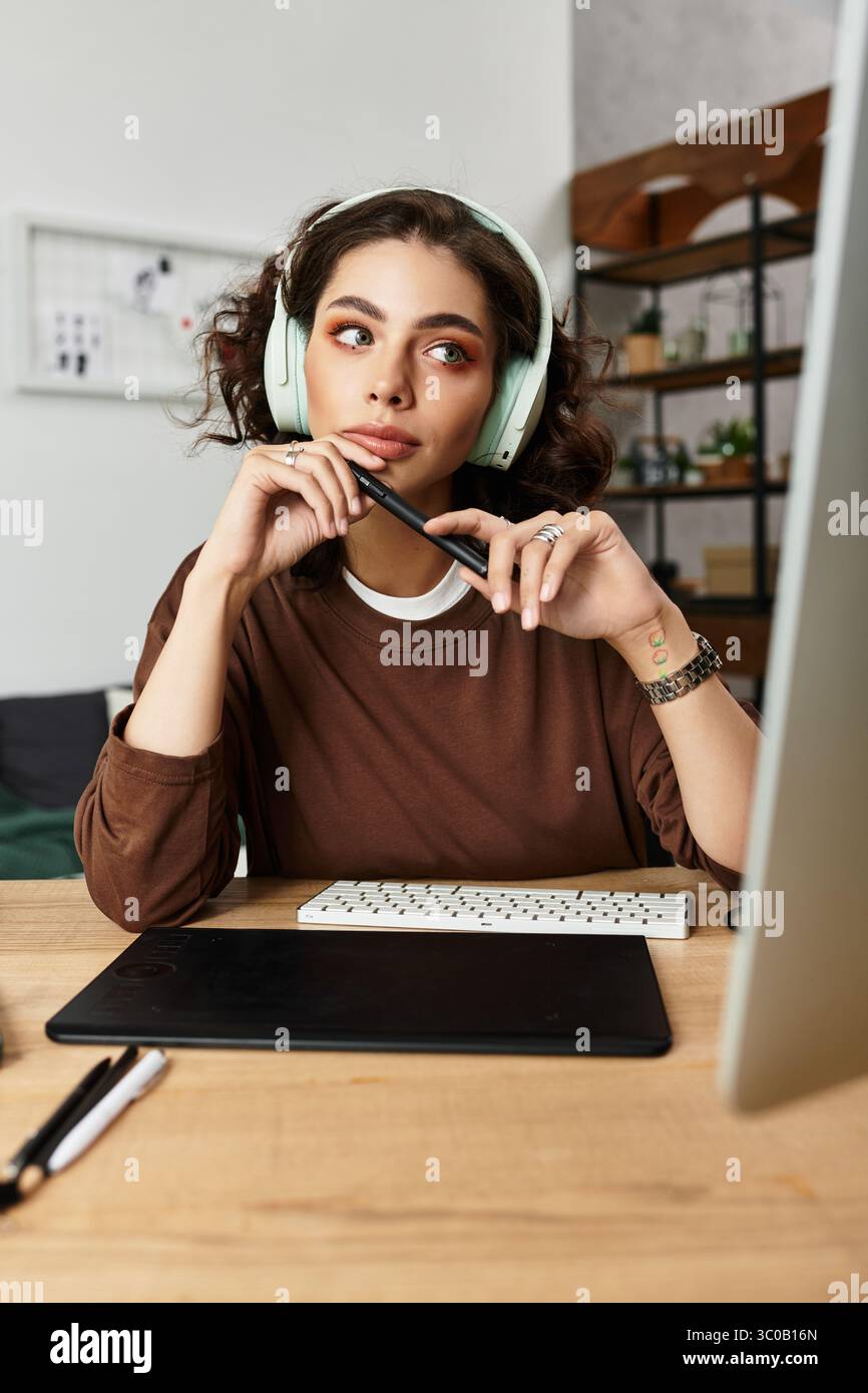 A beautiful woman works diligently, using a graphic tablet and stylus ...