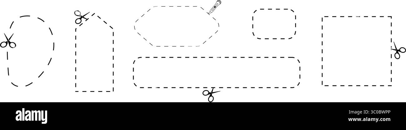 Cut here icon. Set of scissors cutting shape, paper cut here icon with ...