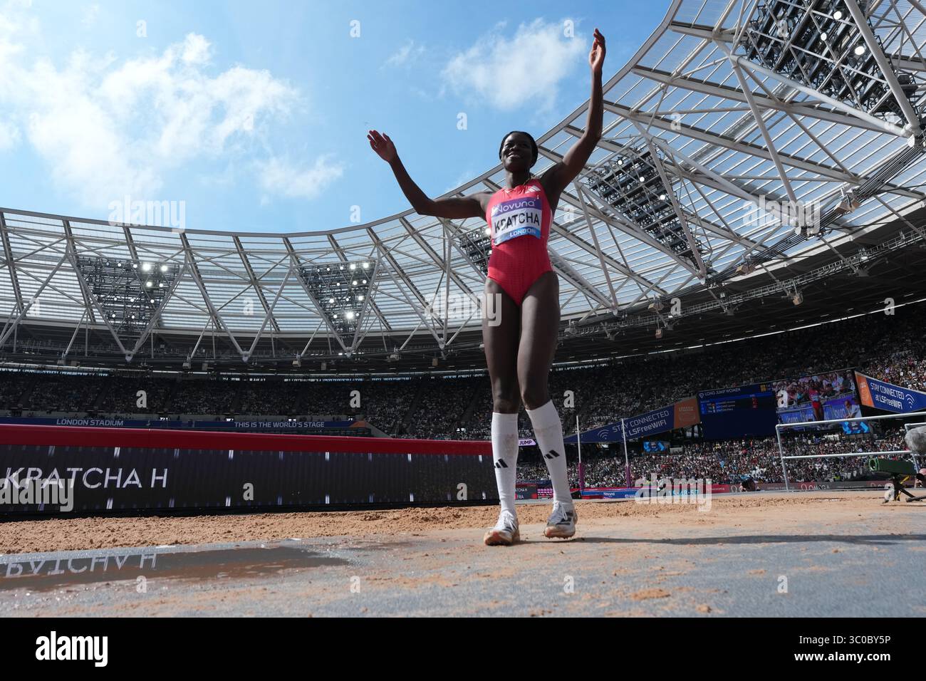 Hilary Kpatcha (FRA) reacts after placing third in the women's long ...