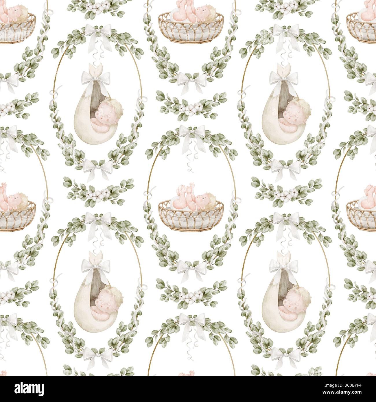Seamless watercolor Pattern with sleeping Babies in bassinets, swaddled ...