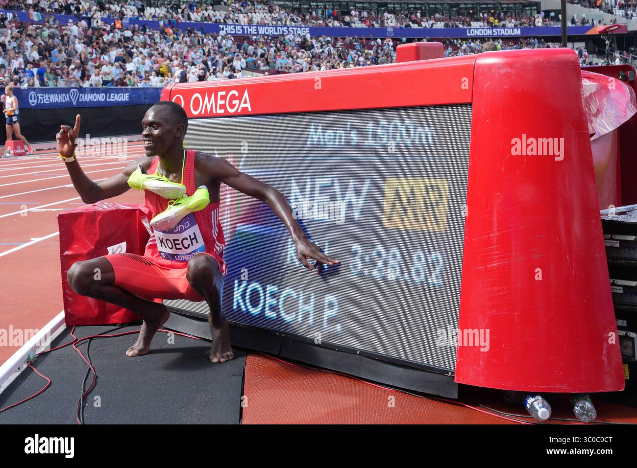Phanuel Koech (KEN) poses after winning the 1,500m in a meet-record 3:28.82 during the London ...
