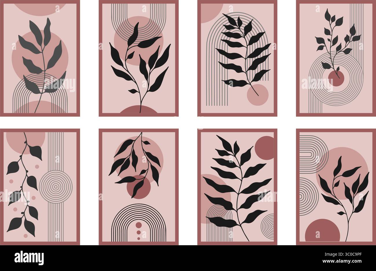 Zen arch poster set with botanical element, simple line arch shapes ...