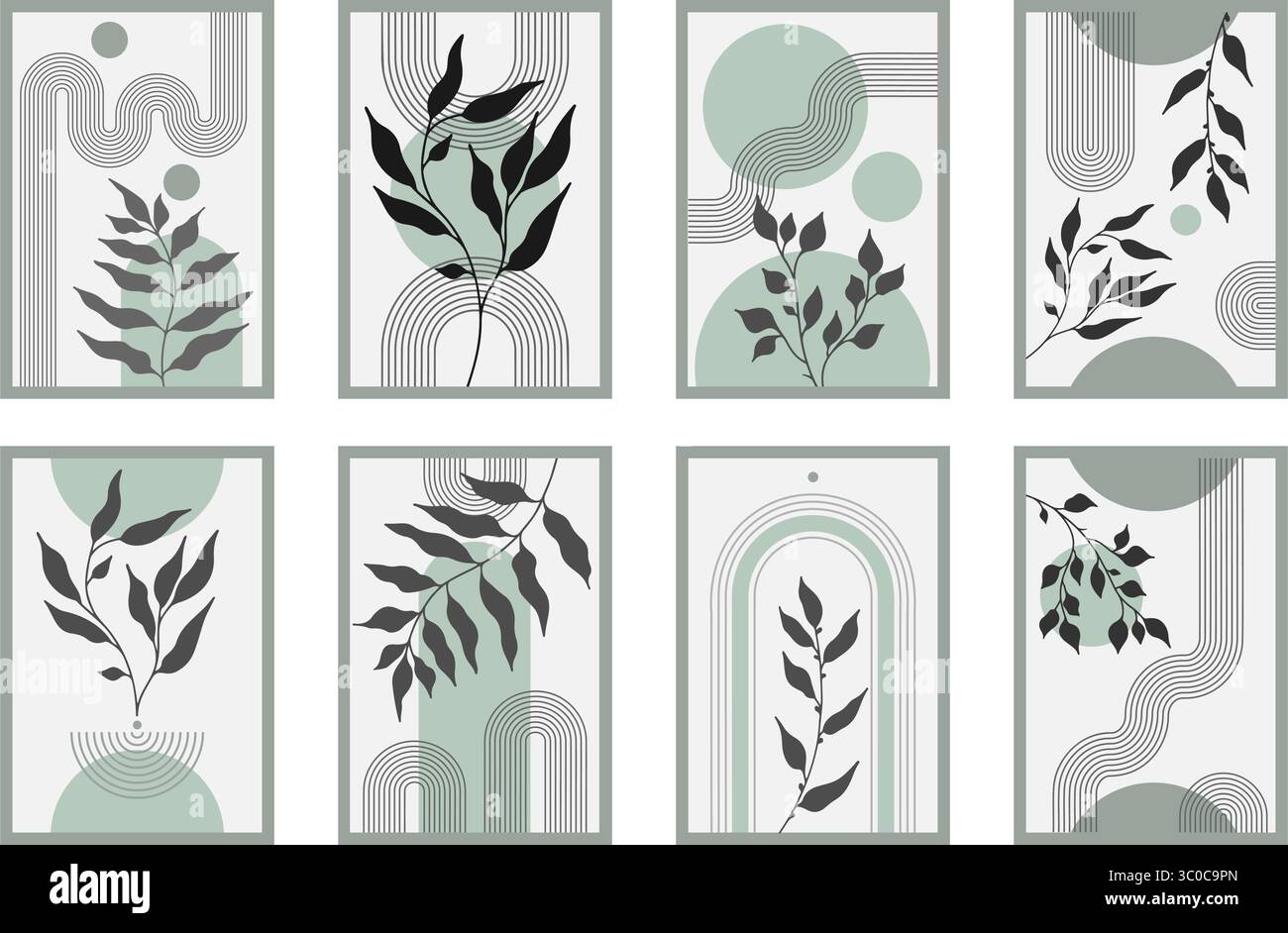 Zen arch poster set with botanical element, simple line arch shapes ...