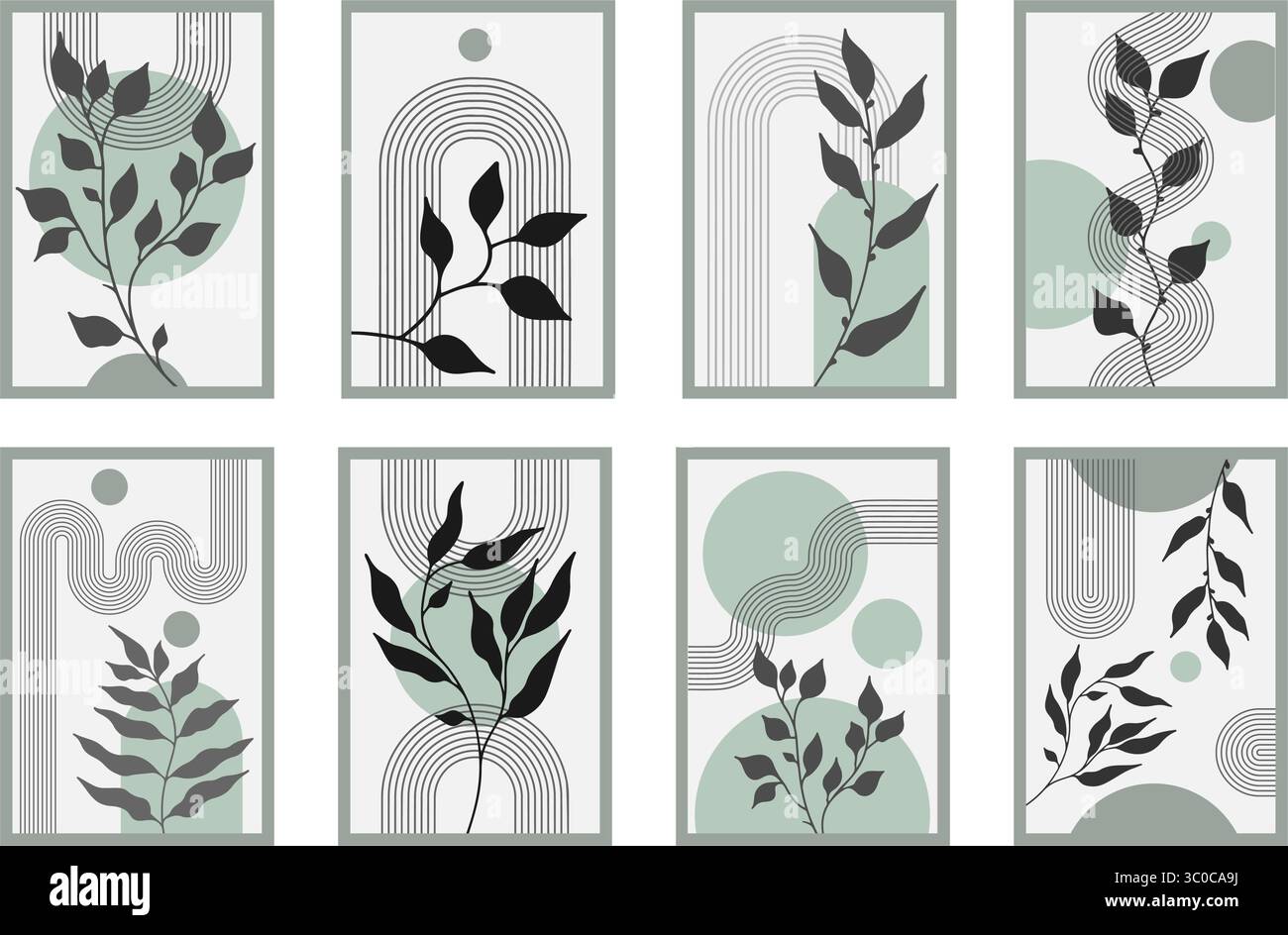 Zen arch poster set with botanical element, simple line arch shapes ...