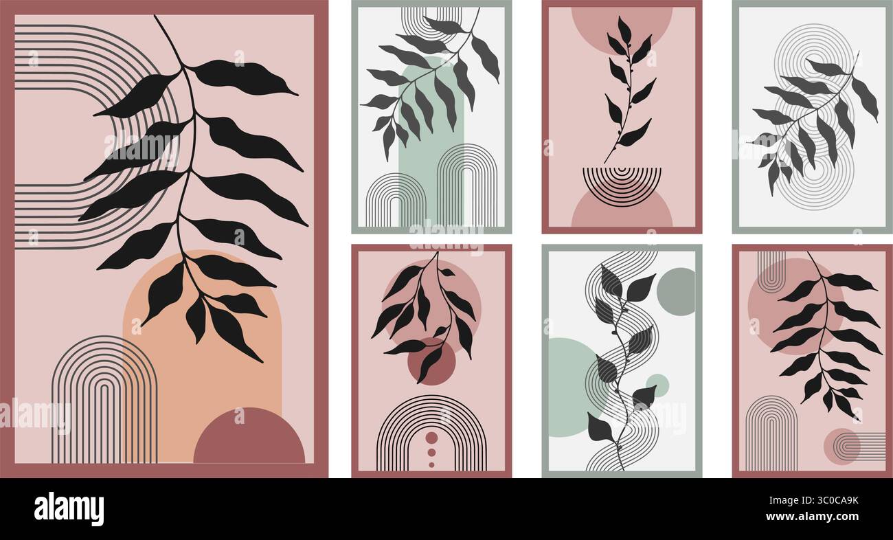 Zen arch poster set with botanical element, simple line arch shapes ...