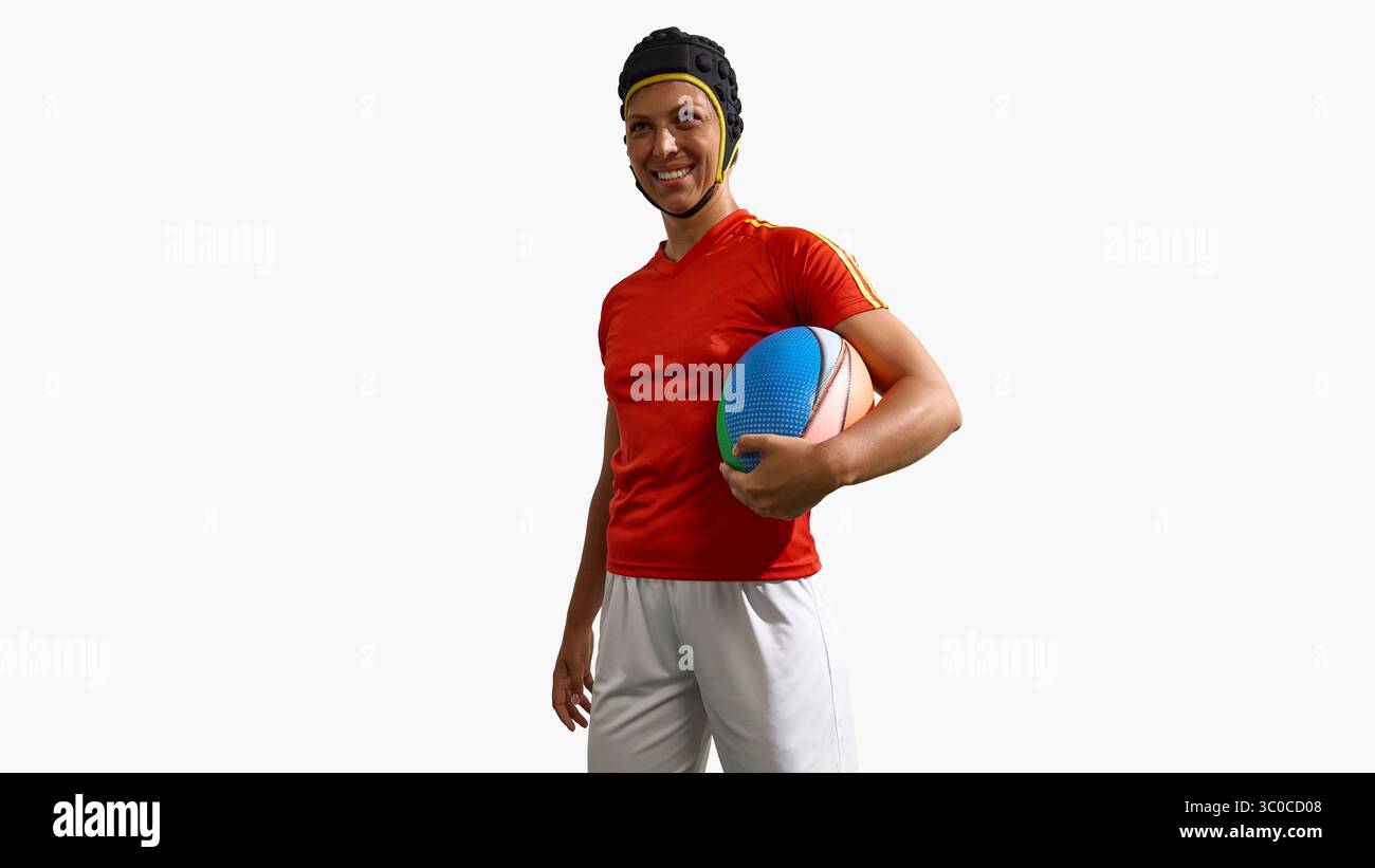 Smiling female rugby player in red shirt holding ball wearing ...
