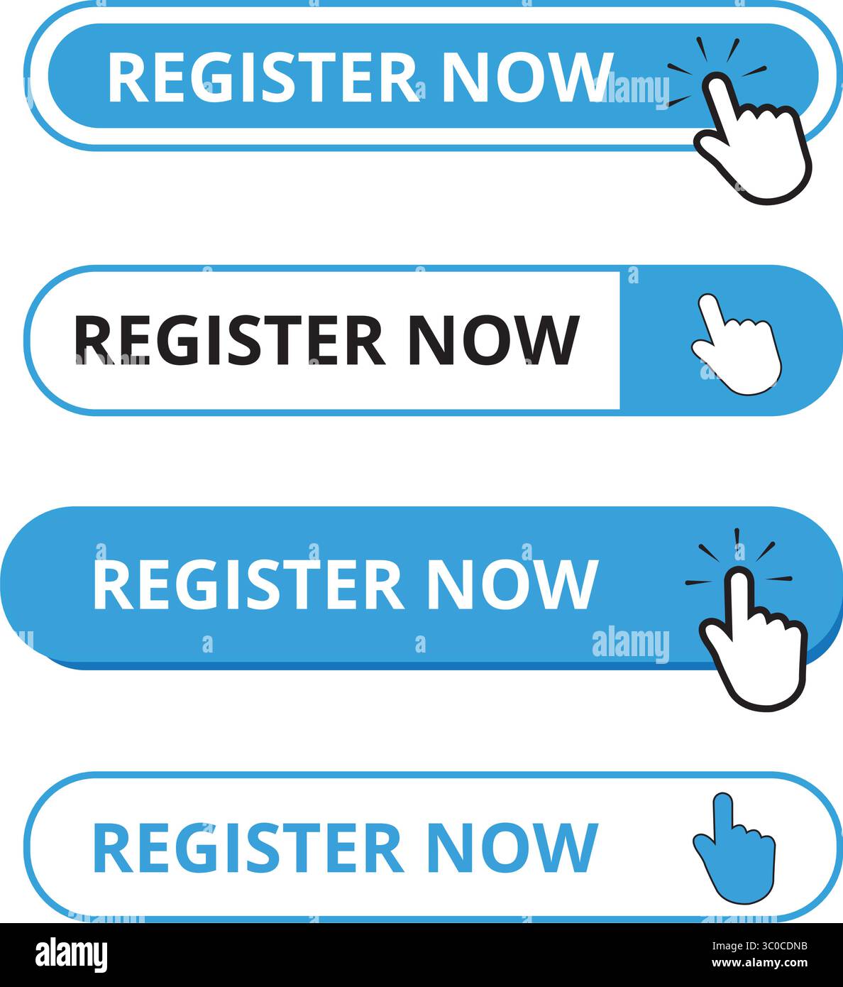 Blue and white register now bar button on a white background Stock ...