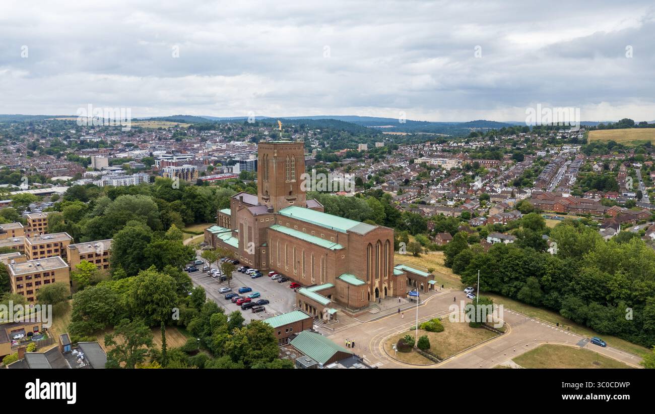 Aerial view of Guildford Cathedral's striking silhouette against a ...