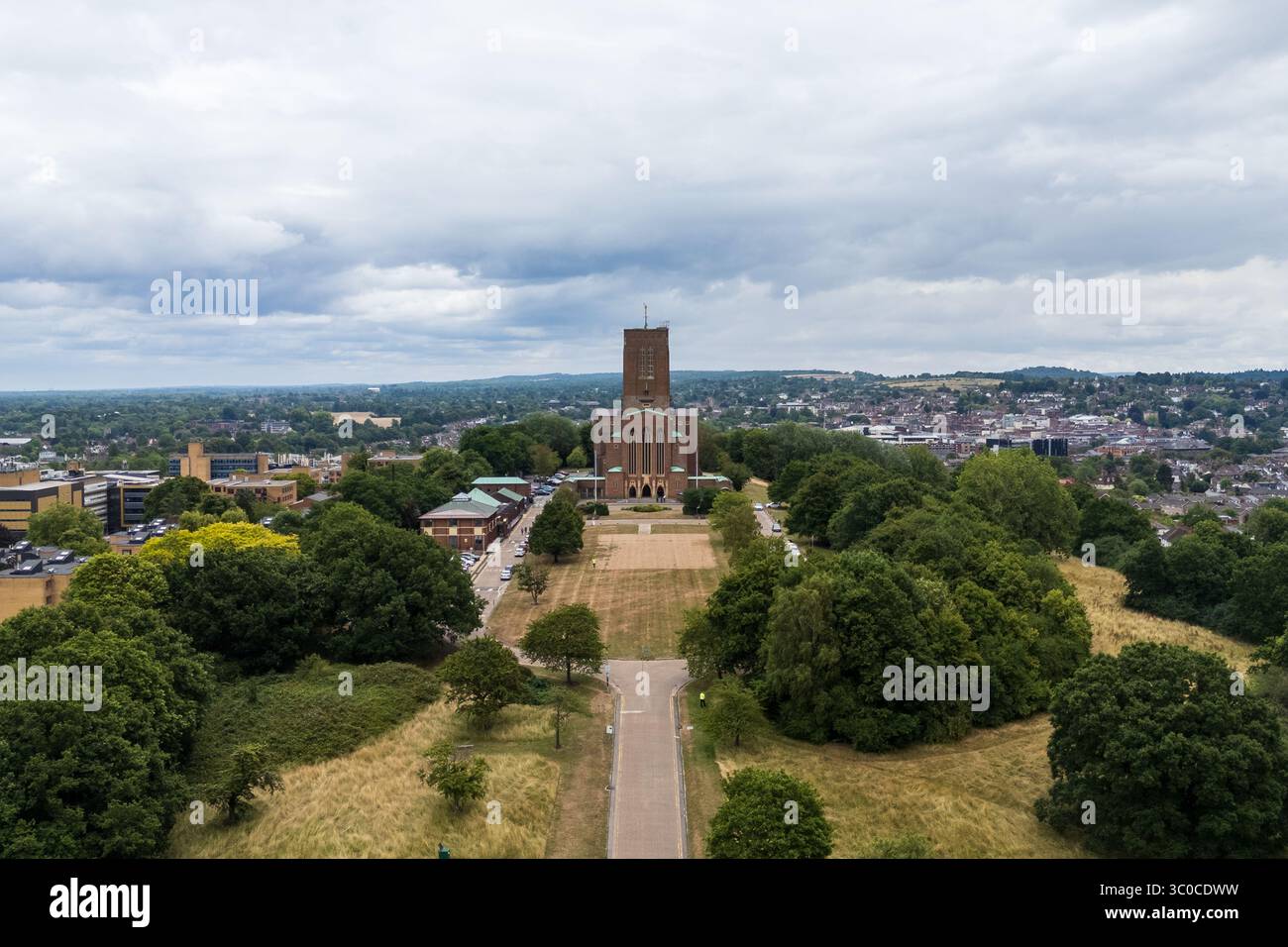 Aerial view of the Guildford Cathedral standing tall amongst the lush ...