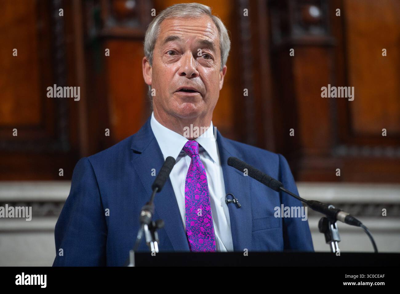 London, UK. 21 Jul 2025. Reform UK Leader Nigel Farage speaks at a ...