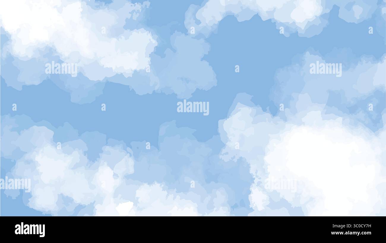 Sky with white cumulus clouds watercolor background. Delicate light ...