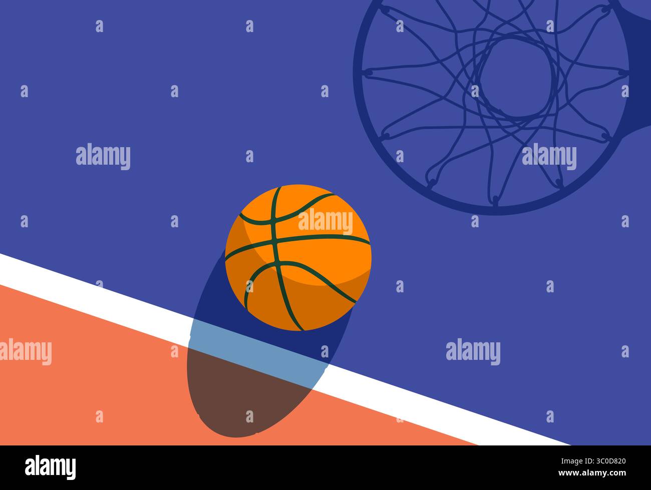 Basketball hoop net casts shadow court near ball, top view, basketball ...