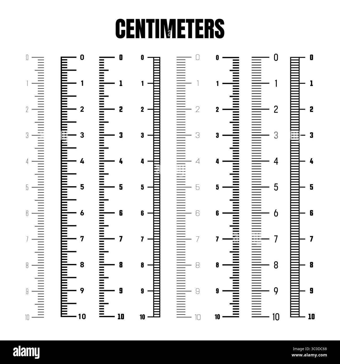 Vertical centimeter scale for measuring length or height. Various ...