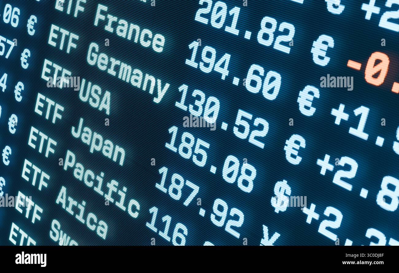 ETF, exchange-traded fund, trading board, prices. ETF, exchange-traded ...