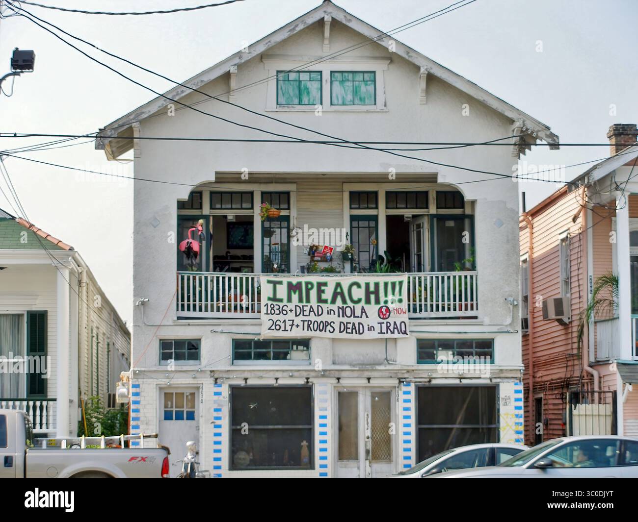 New Orleans, LA, USA - 2006: Sign with angry message on the balcony of ...