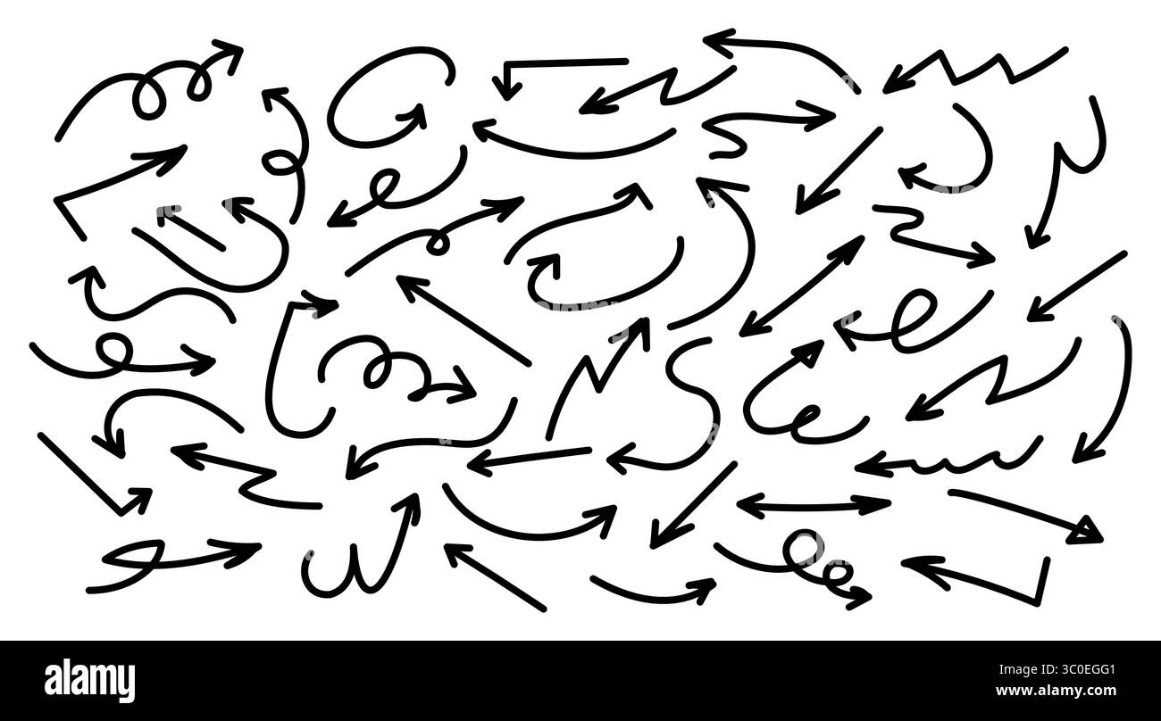 Set of black arrows. Hand drawn arrow. Various of lines arrows Stock ...