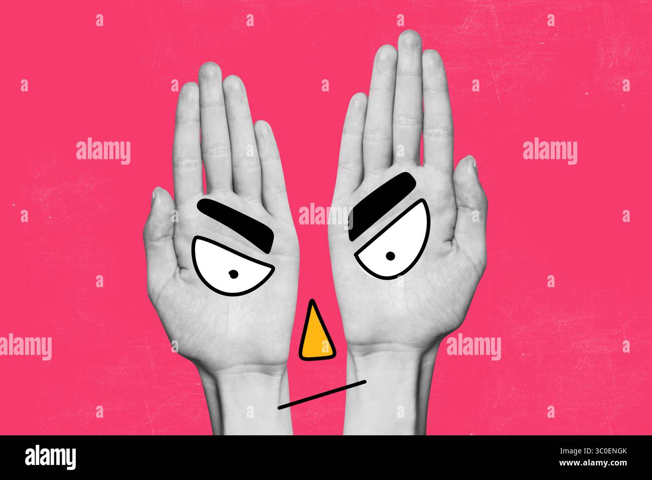 Composite 3d art pop image collage of human hands show palm non-verbal ...