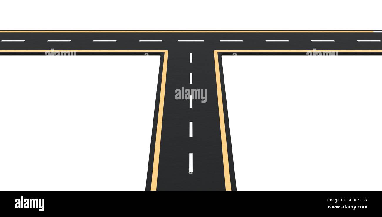 Road splitting into two directions at a crossroad isolated on white ...