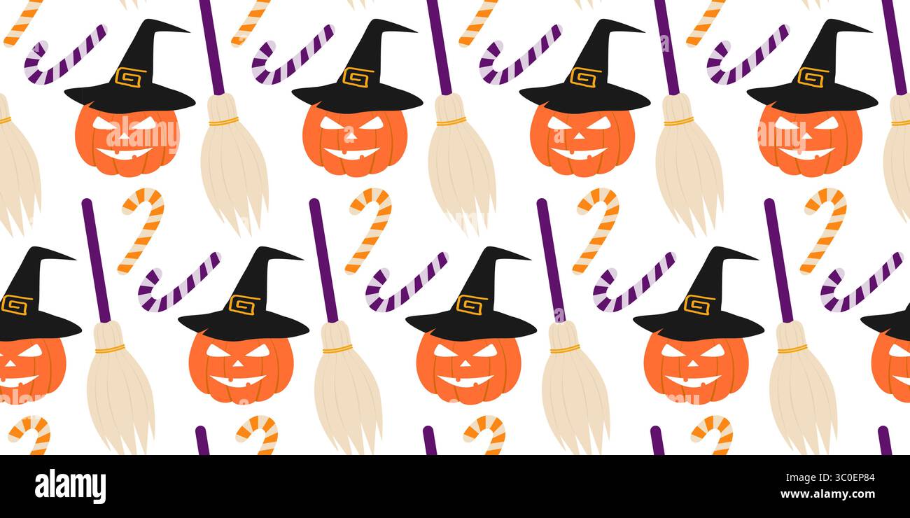Halloween Pumpkin in Witch Hat Striped Candy Cane and Broom Halloween ...