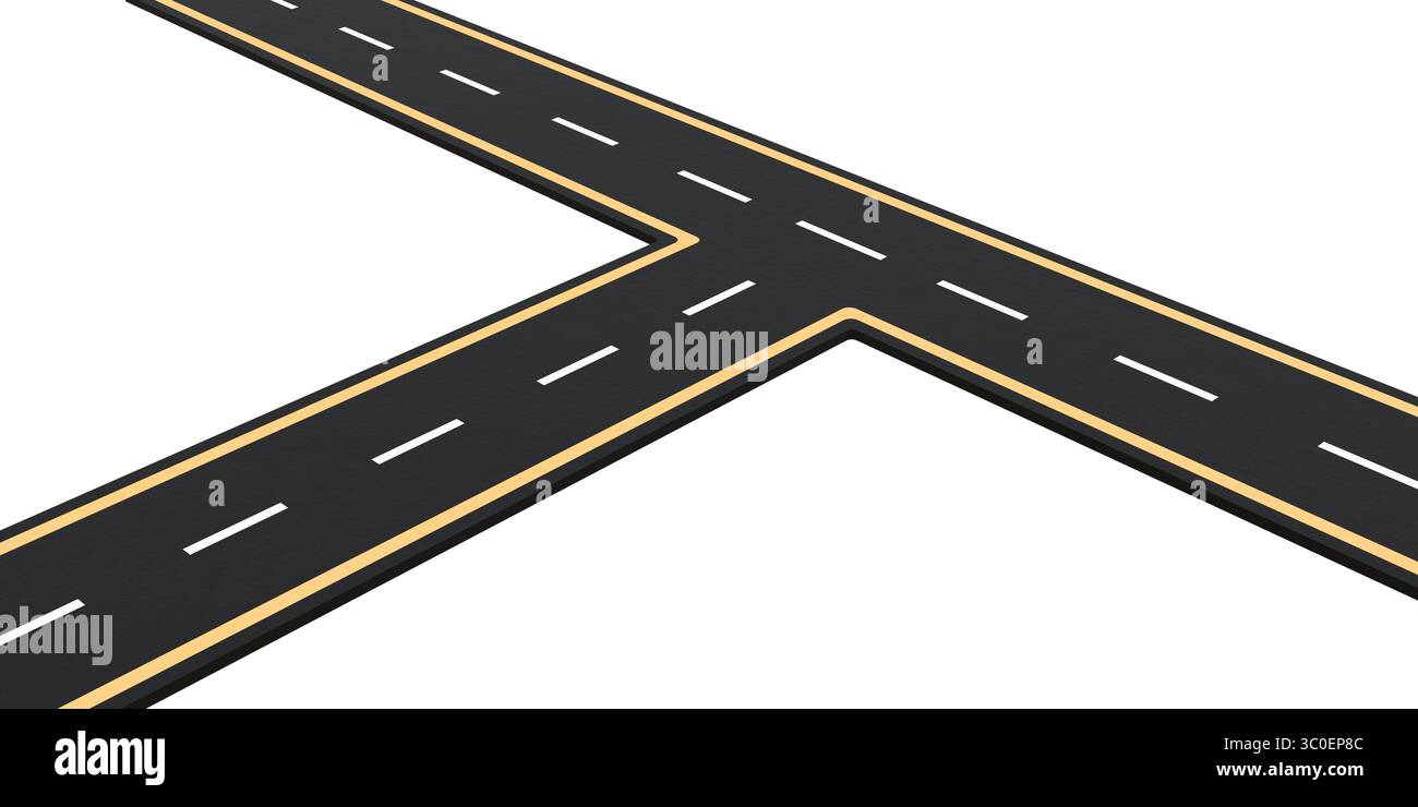 Road splitting into two directions at a crossroad isolated on white ...