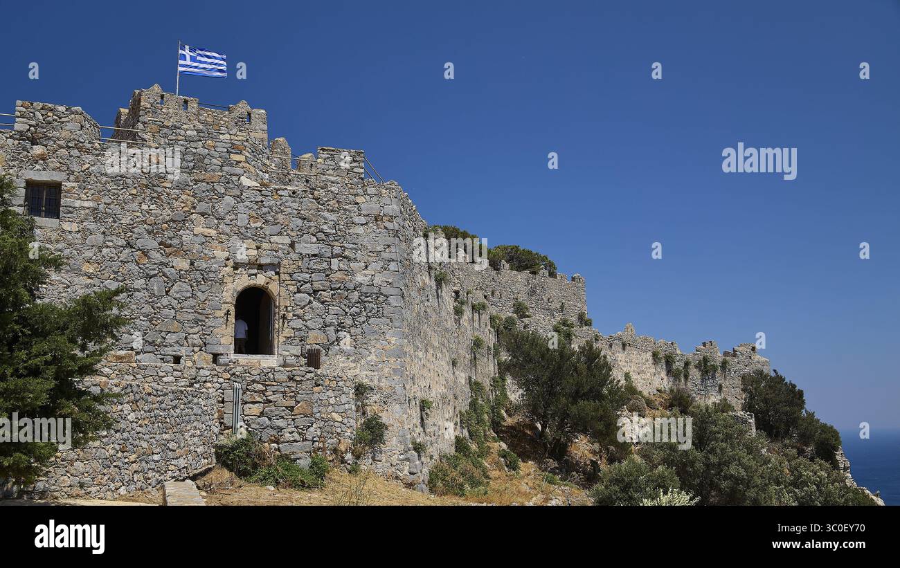 Stone-walled castle stretches across the landscape, Pandeli Castle, Castle, Leros Fortress, St ...