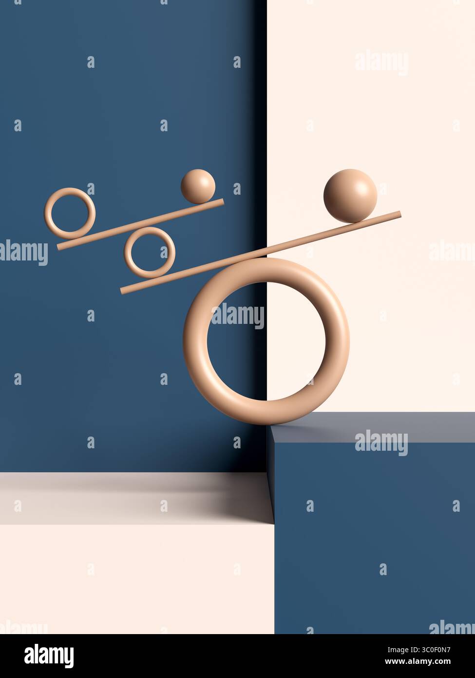 Minimalist composition featuring geometric shapes balancing on a blue ...