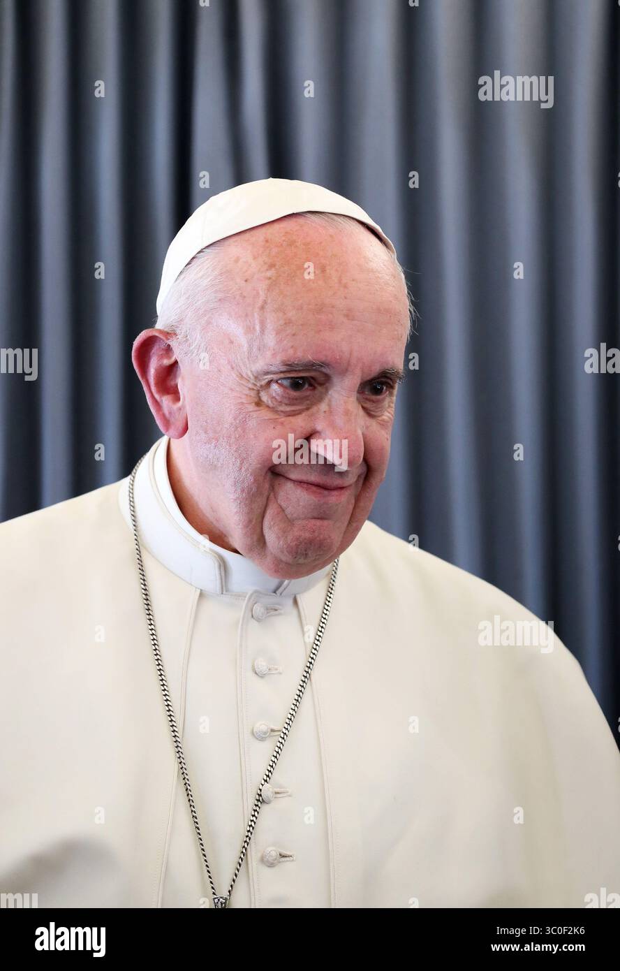 Pope Francis (Jorge Mario Bergoglio) speaking to journalists aboard the ...