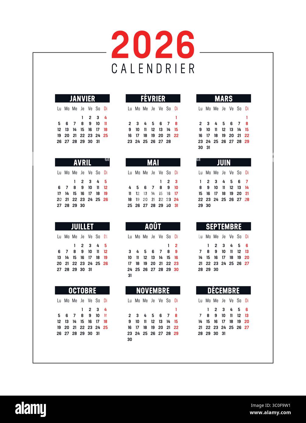 Year 2026 Red Black Calendar In French On White Background Vertical