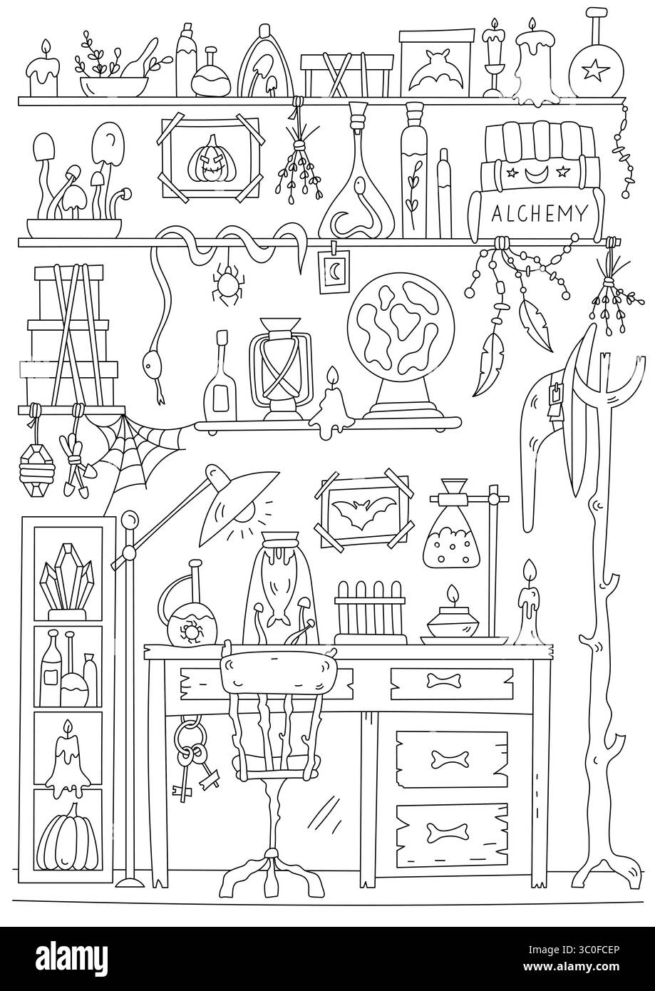 Adult Coloring Book And Witch's Laboratory Flasks And Potions Stock ...