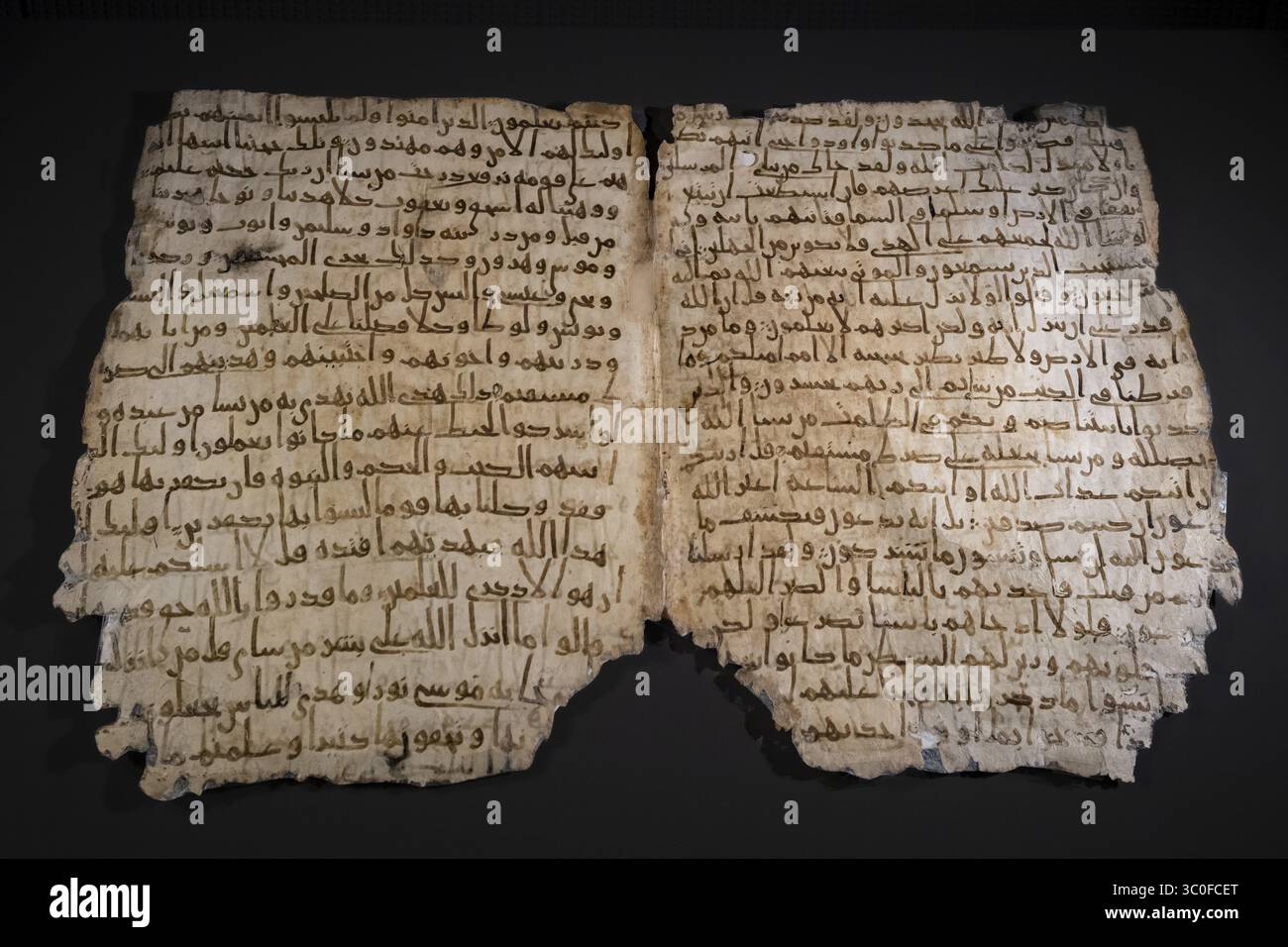 Bifolio, double page, very early Koran manuscript, Arabian Peninsula ...