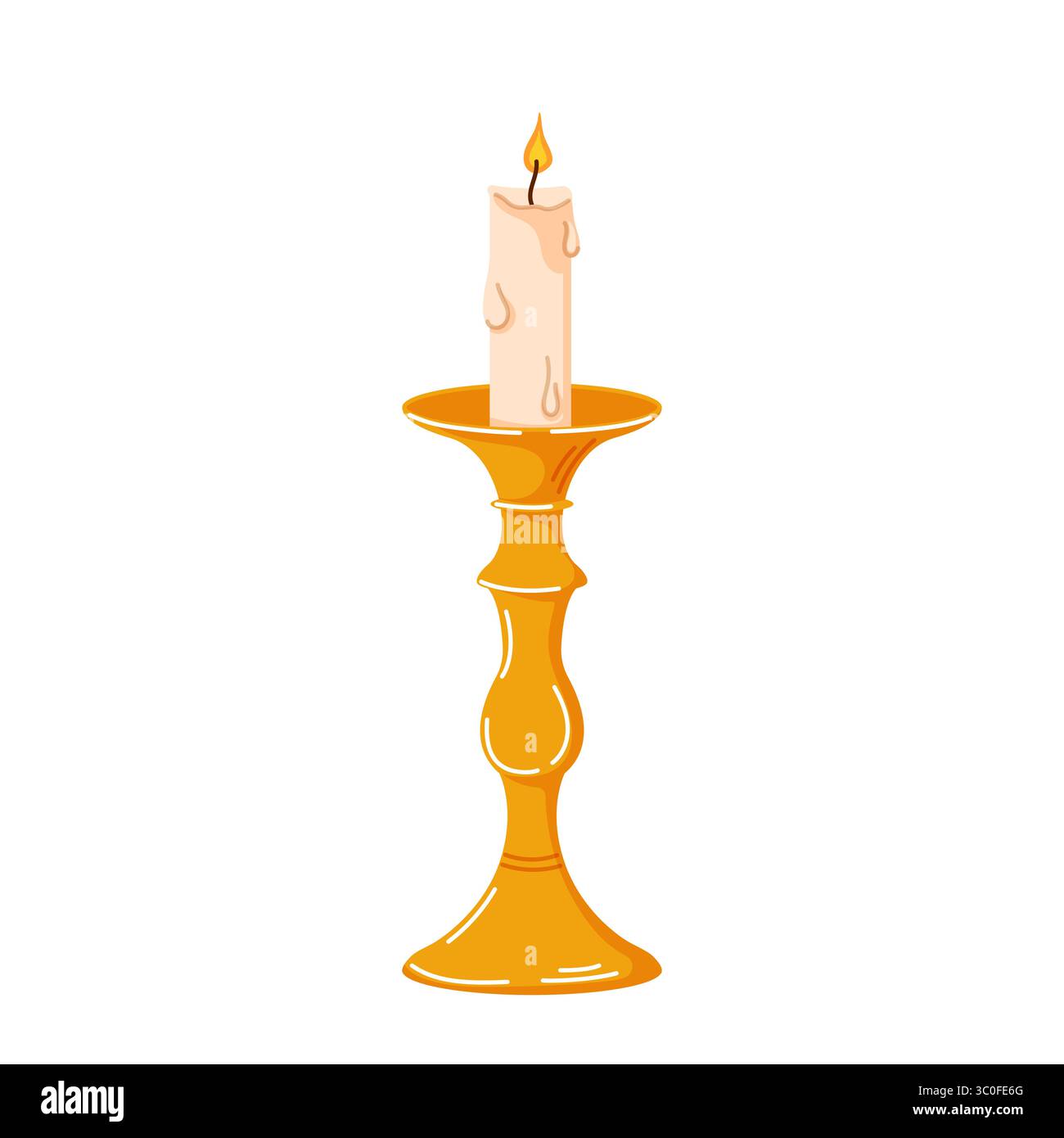 Vintage candlestick with lit candle in cartoon style isolated on a ...