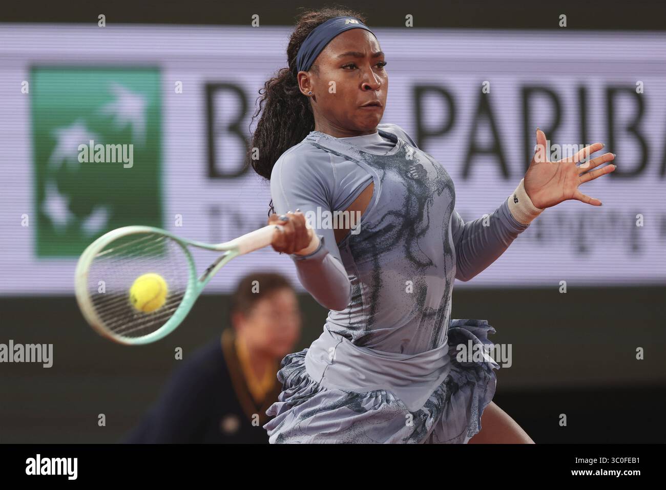American tennis player Coco Gauff in action at the French Open 2025, Roland Garros, Paris ...