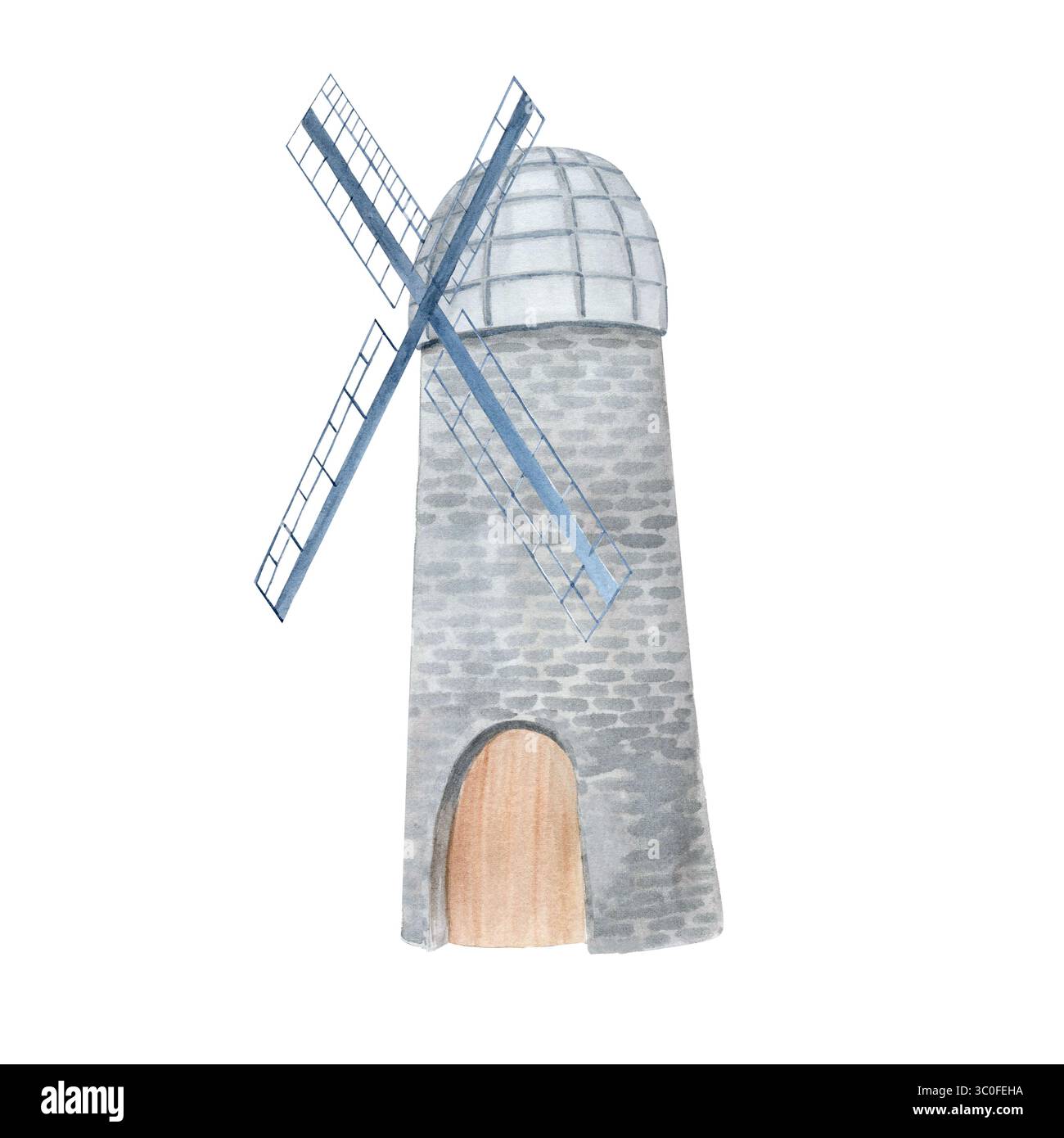 Traditional gray stone windmill with blue blades and wooden door ...