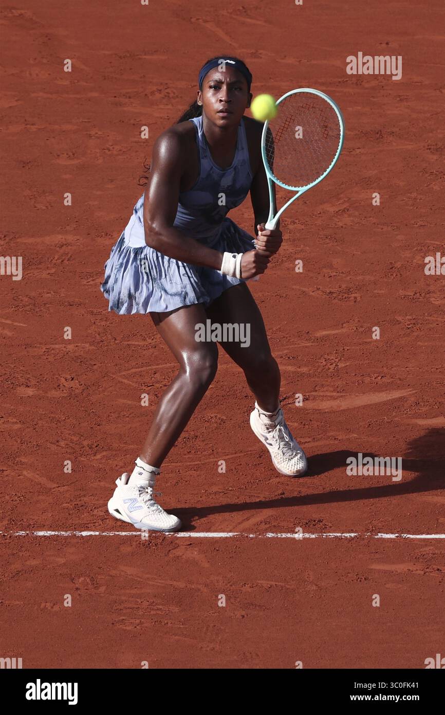 American tennis player Coco Gauff in action at the French Open 2025, Roland Garros, Paris ...