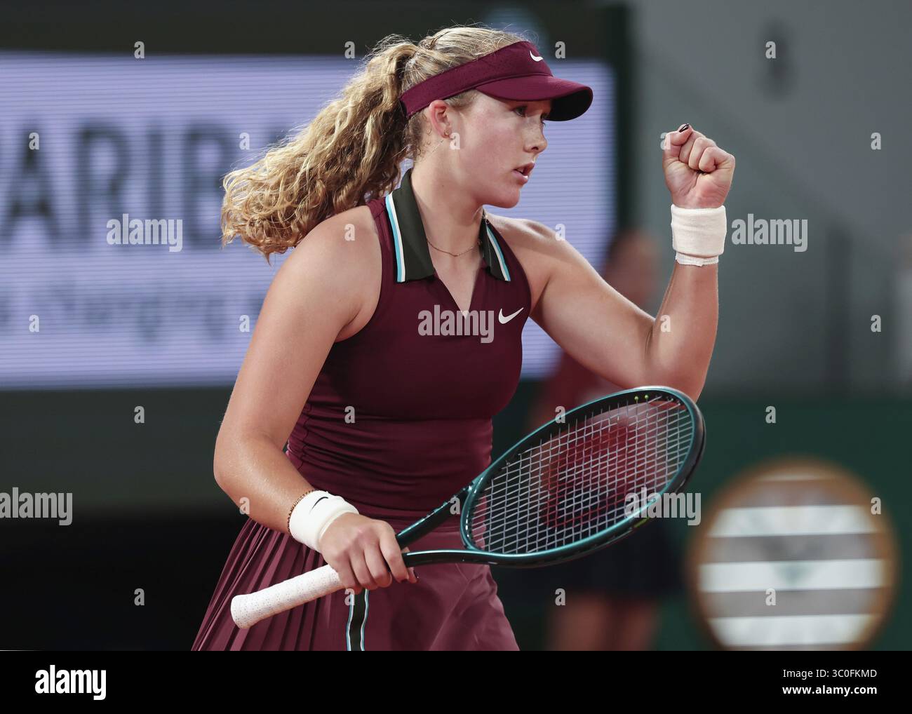 Russian tennis player Mirra Andreeva celebrates at the French Open 2025 ...