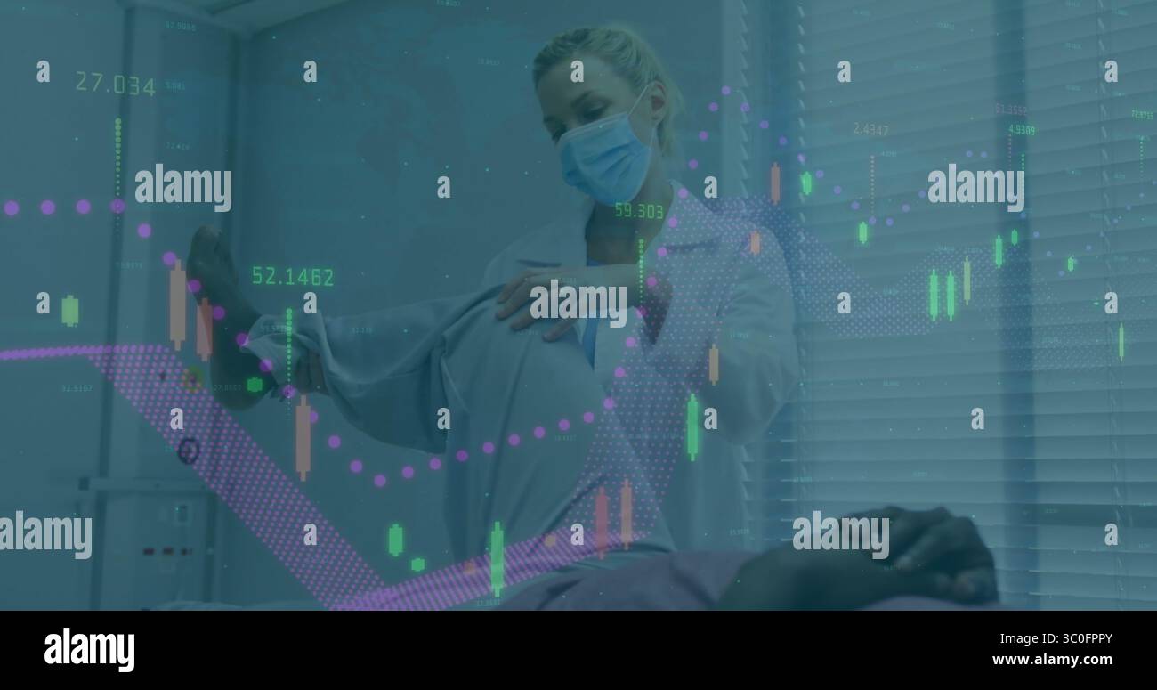 Female doctor examining patient leg in clinic, displaying health data ...