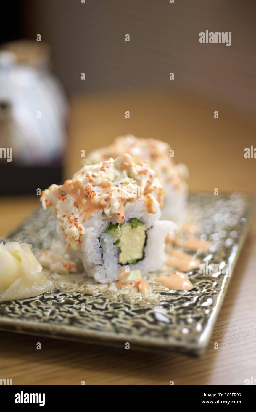 Food, Japanese style maki sushi rolls set closeup macro Stock Photo - Alamy