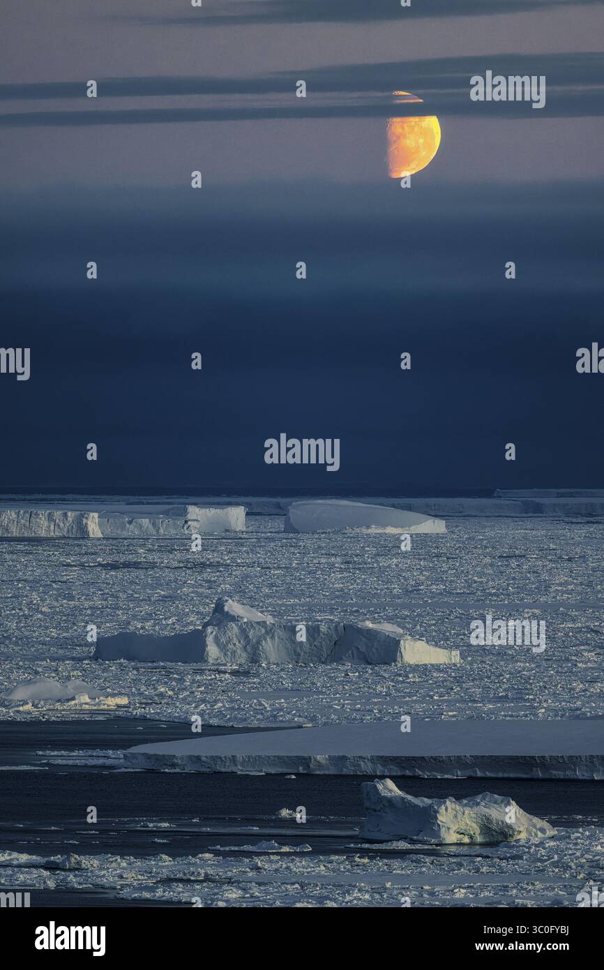 View of a golden moon ascends over the frozen expanse, casting an ...