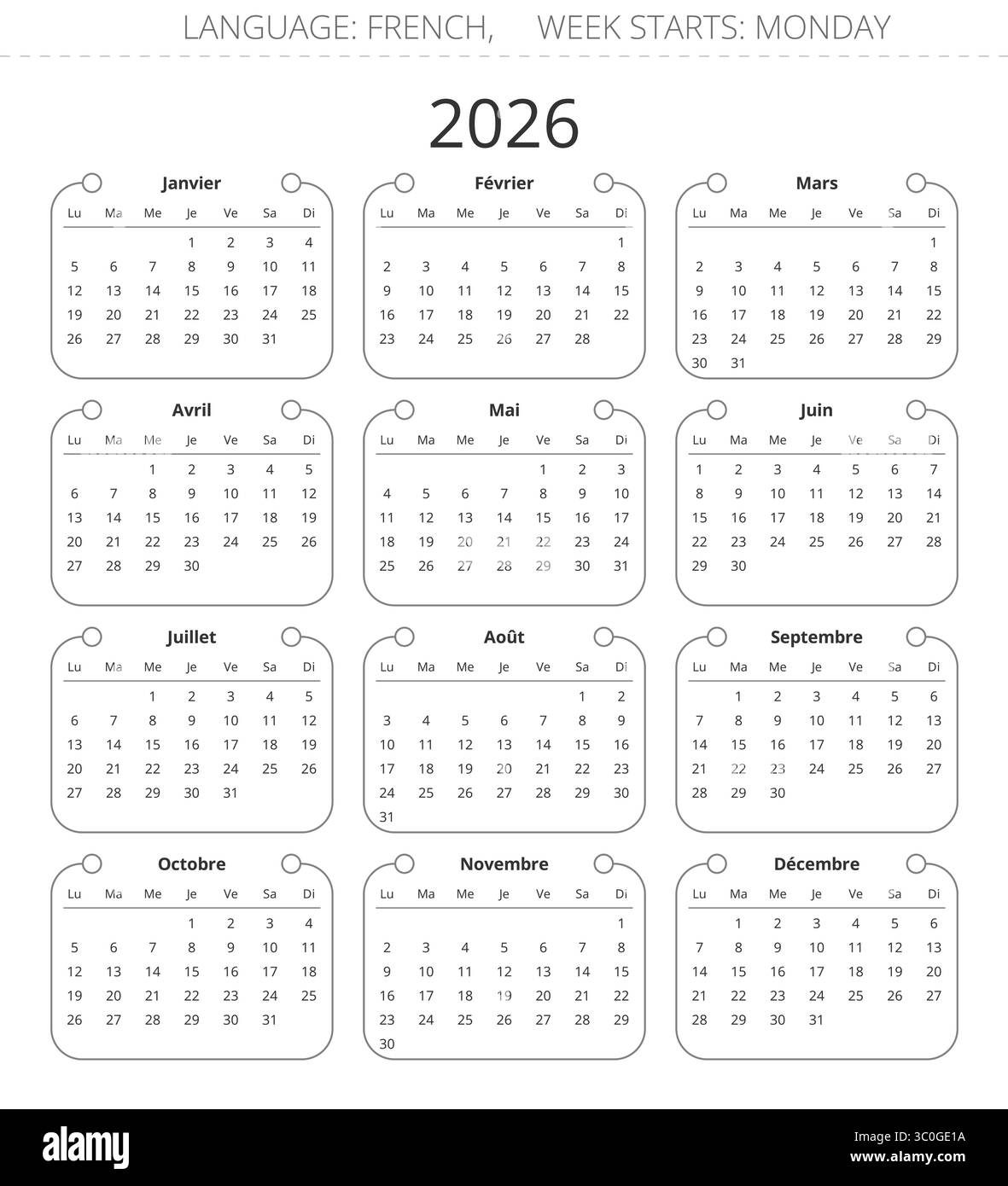 2026 french calendar (Francais calendrier). Vector modern year ...