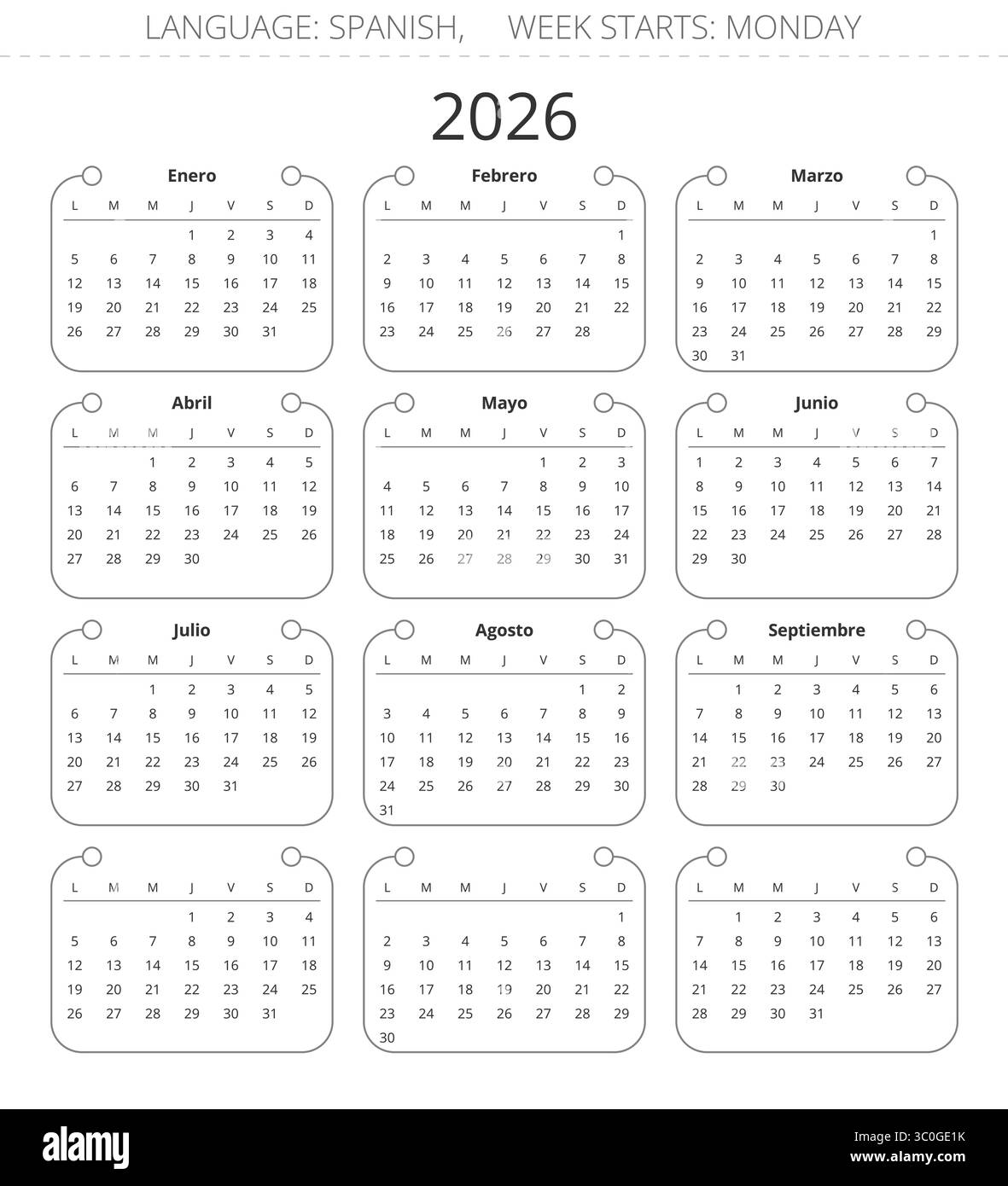 2026 spanish calendar. Year calendario. Vector modern vertical ...
