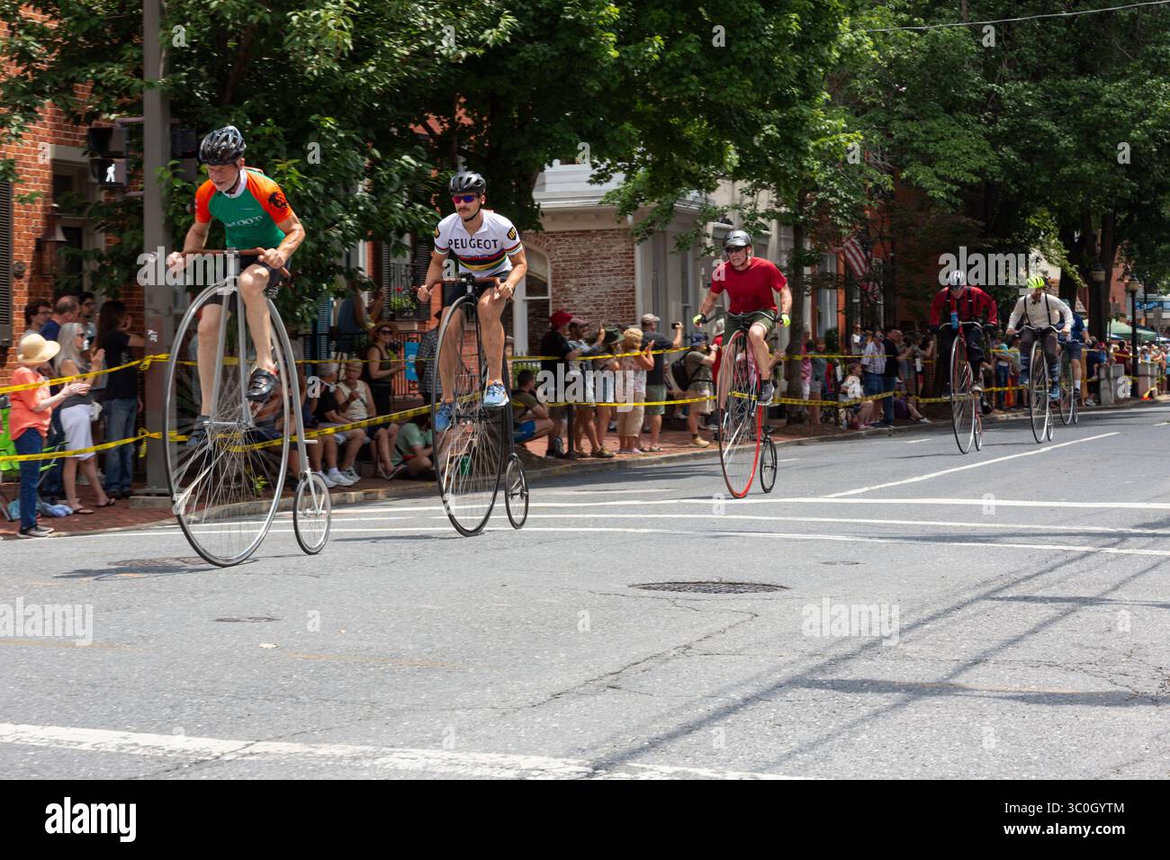 FREDERICK, MARYLAND, USA – JULY 12, 2025: Cyclists race penny-farthings ...