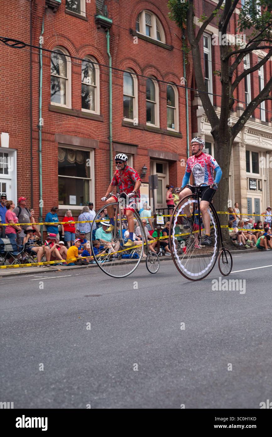 FREDERICK, MARYLAND, USA – JULY 12, 2025: Cyclists race penny-farthings ...