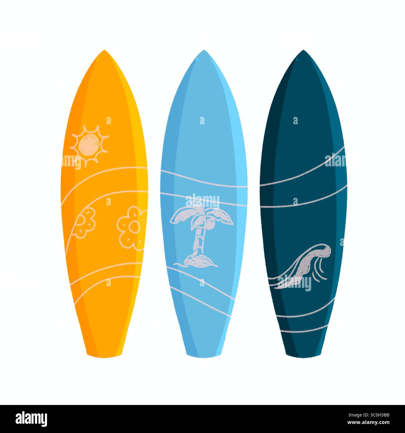illustration of a surfboard collection with tropical summer elements ...