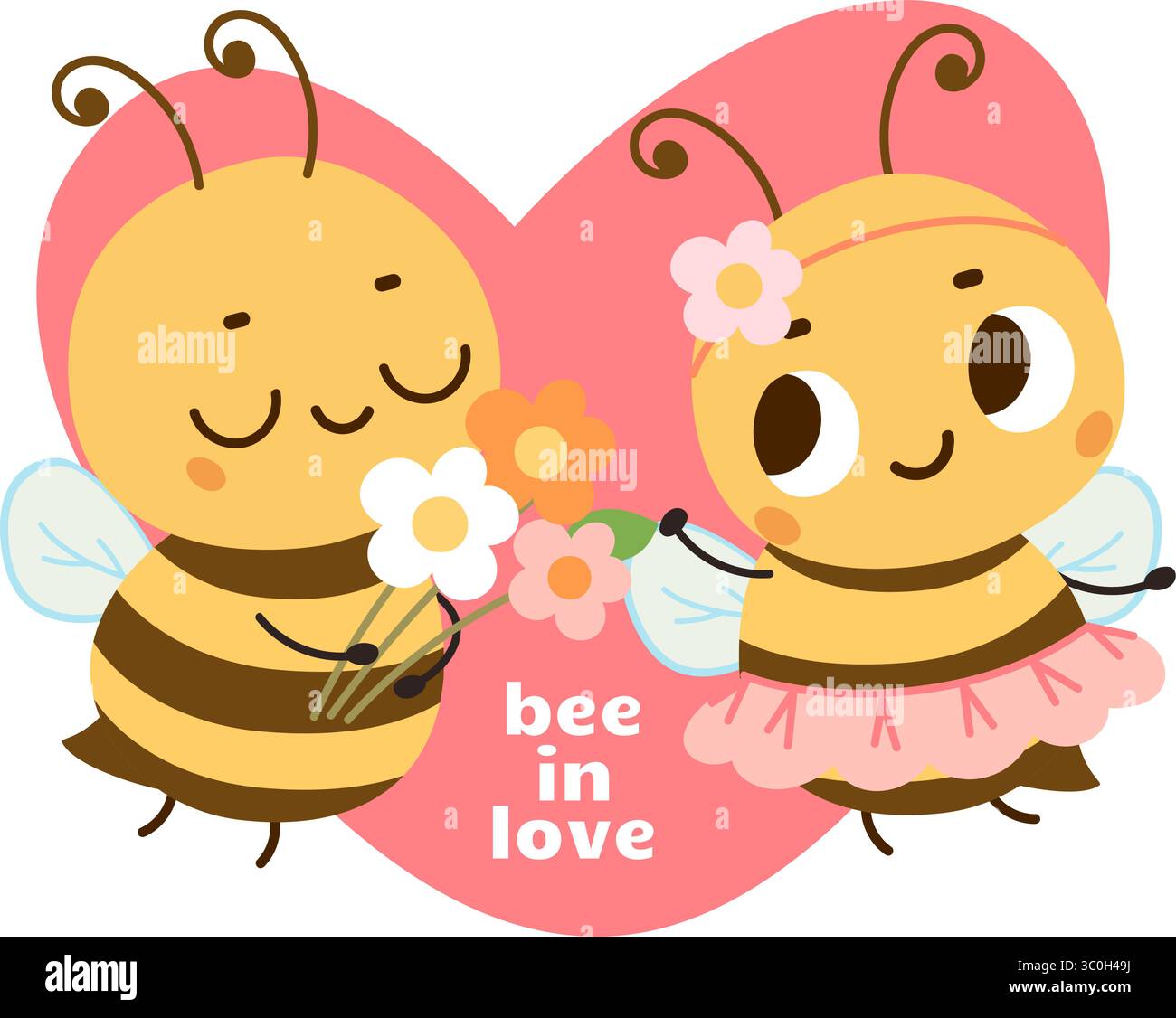 Cute poster with bee in love. Romantic sticker, children style print ...