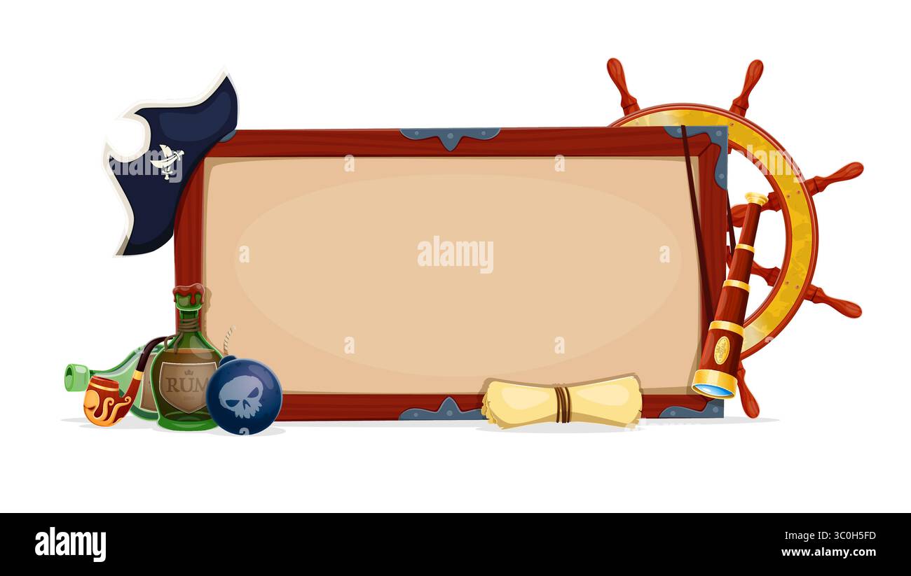 Pirate signboard banner, vector game UI. Cartoon wooden sign board in ...